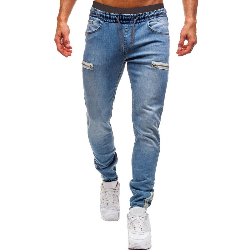Men's Fashion Washed Denim Trousers Mid-waist Drawstring Slim-fit Jeans ...