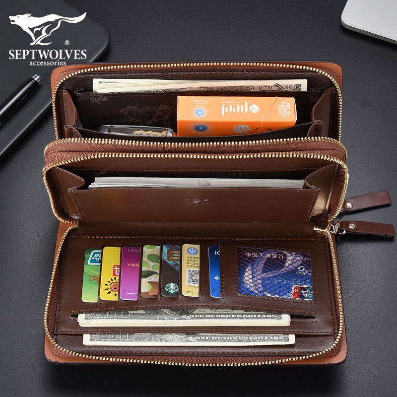 Septwolves wallet กระเป๋าสตางค์ใบยาวผู้ชายความจุขนาดใหญ่หนังซิปคู่ ...