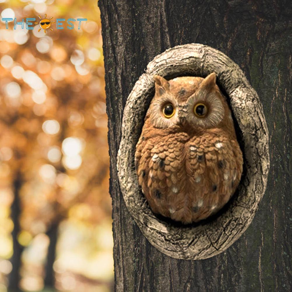 3D Tree Hole Owl Statue Hanging Art Resin Crafts Home Garden Festival ...