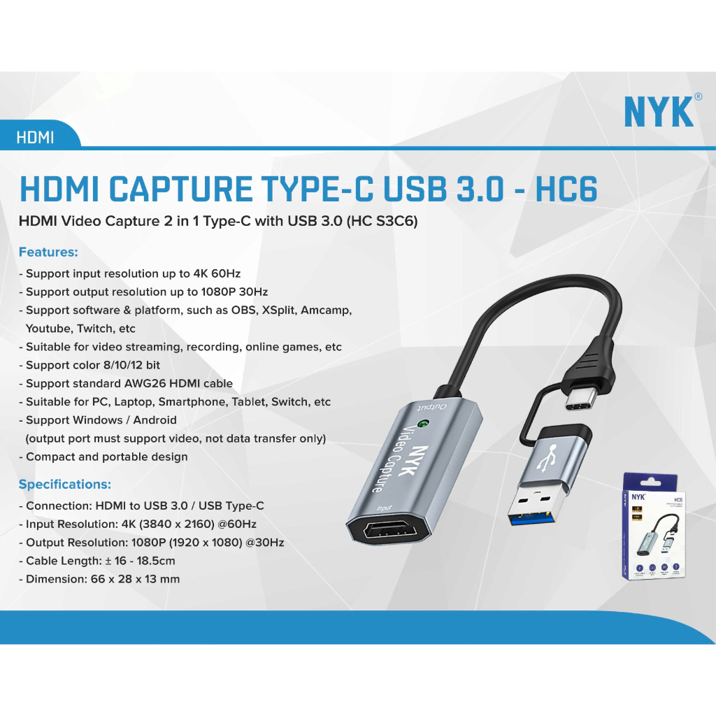 Nyk Video Capture สาย HDMI OTG USB Type C ถึง HDMI HC-6 - mantapbaru.th ...