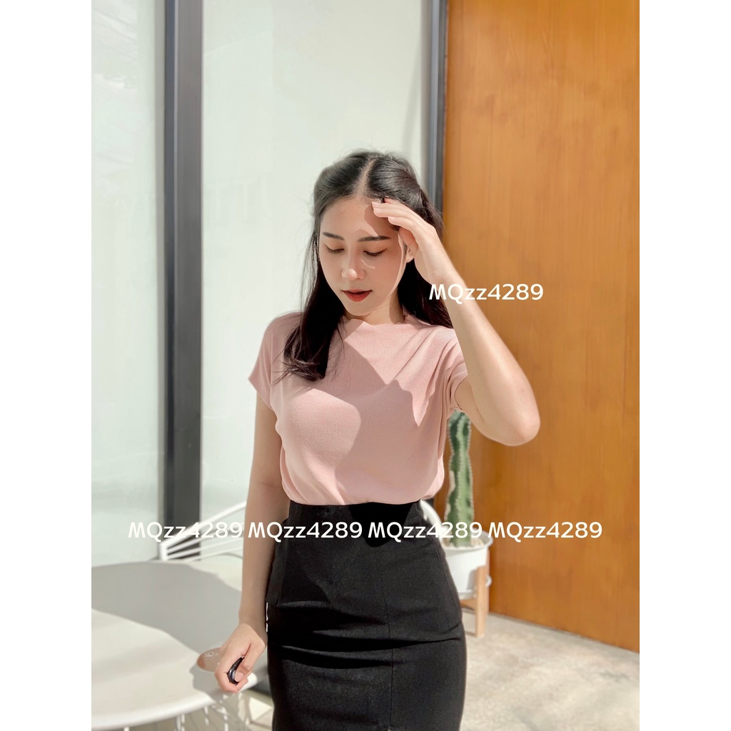 MQzz4289พร้อมส่ง เสื้อทำงานแขนสั้นแบบใหม่ คอสูง ผ้าไหมพรม นุ่มนิ่ม ใส่ ...