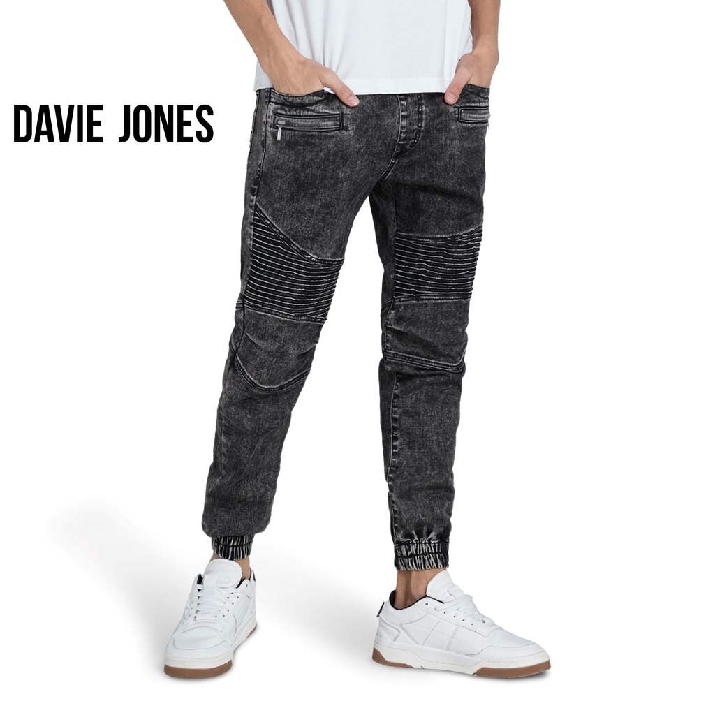 DAVIE JONES กางเกงจ็อกเกอร์ ยีนส์ เอวยางยืด ขาจั๊ม สีกรม สีดำ สีดำฟอก ...