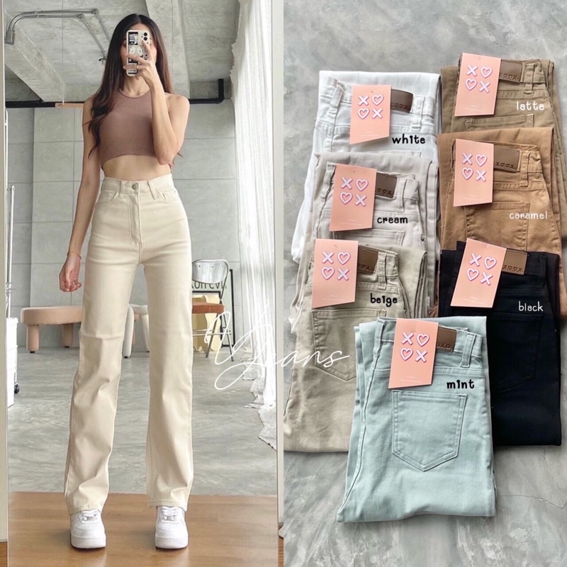 V-JEANSป้ายX Xกางเกงยีนส์เอวสูง ยีนส์ กางเกงยีนส์ทรงกระบอก - vjeans - ThaiPick
