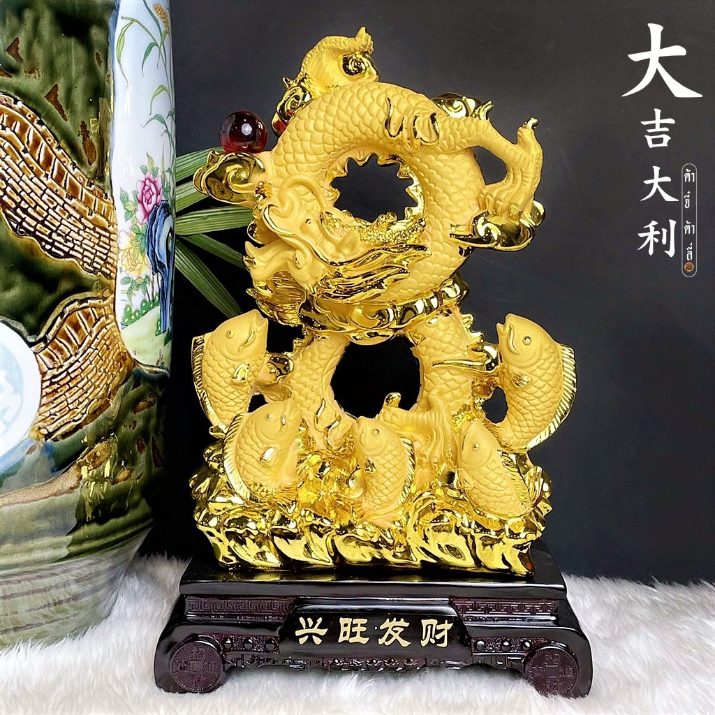 มังกรทองเลข8 ปลา 5 ตัว แบบพิเศษ (เสริมอำนาจและโชคลาภ) งานเรซิ่นพ่นทราย ...