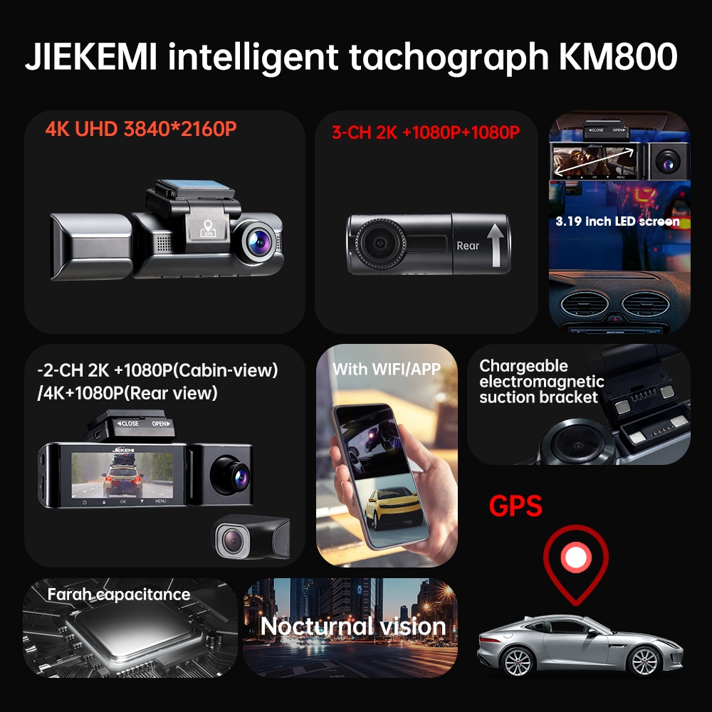 Jiekemi KM800 กล้องติดรถยนต์อัฉริยะ Dash Cam 4K HD Night View Front Interior Cam Dash Cam 140 ...