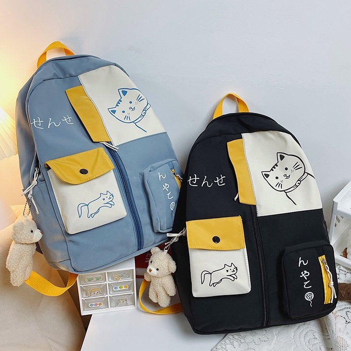 Lenira (B1821) กระเป๋าเป้ลายน้องแมว ใบใหญ่ ช่องใส่ของเยอะ | Shopee Thailand