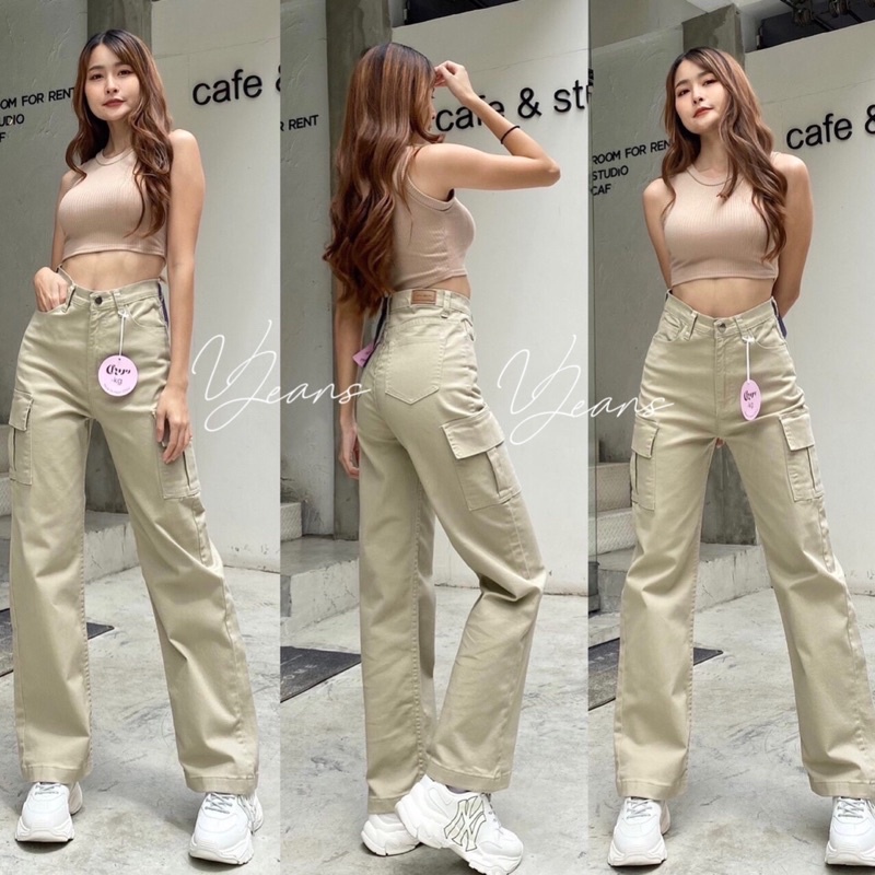 V-JEANSป้ายCHUทรงCargo กางเกงยีนส์เอวสูง ยีนส์ กางเกงยีนส์ทรงกระบอก กางเกงทรงคาร์โก้ Cargo ...