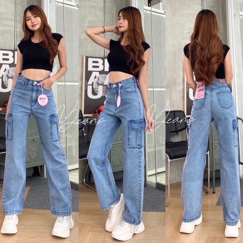 V-JEANSป้ายCHUทรงCargo กางเกงยีนส์เอวสูง ยีนส์ กางเกงยีนส์ทรงกระบอก กางเกงทรงคาร์โก้ Cargo ...