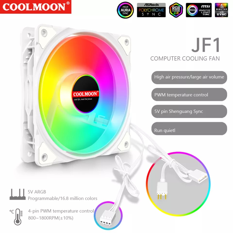 พัดลมเคส Coolmoon Bright Moon JF1 ARGB 3pin 5V 4pin PWM 120mm. 1800RPM ...