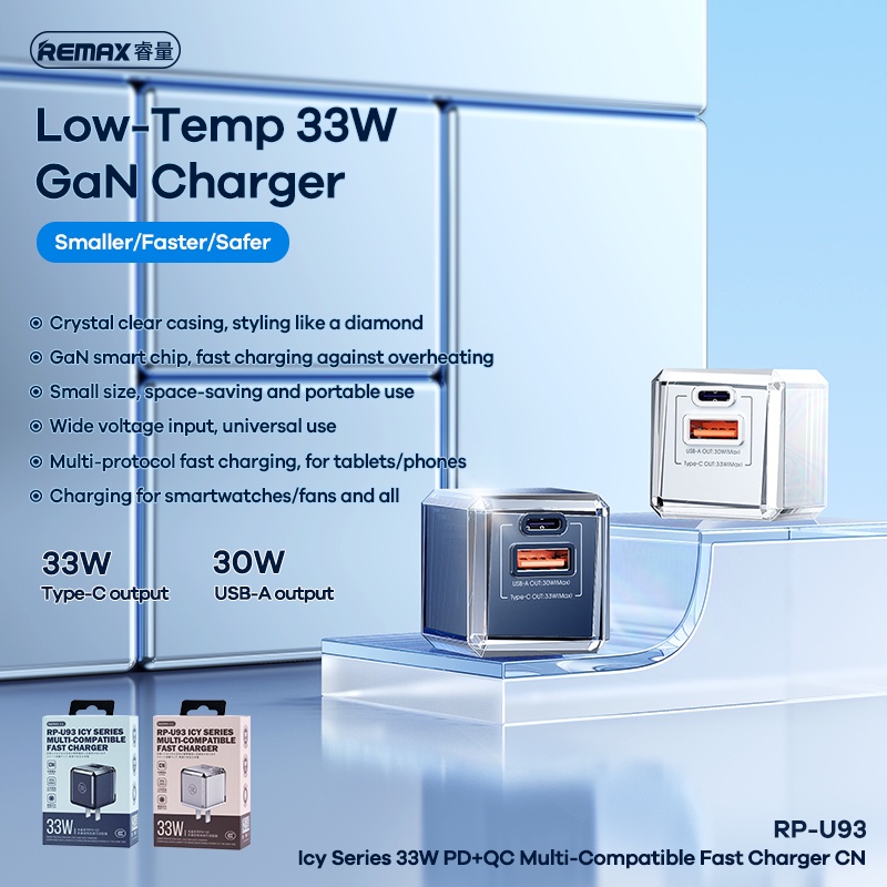 Remax RP-U93 ซีรีส์คริสตัลน้ําแข็ง 33WPD QC อะแดปเตอร์ชาร์จเร็วหลายรุ่น ...