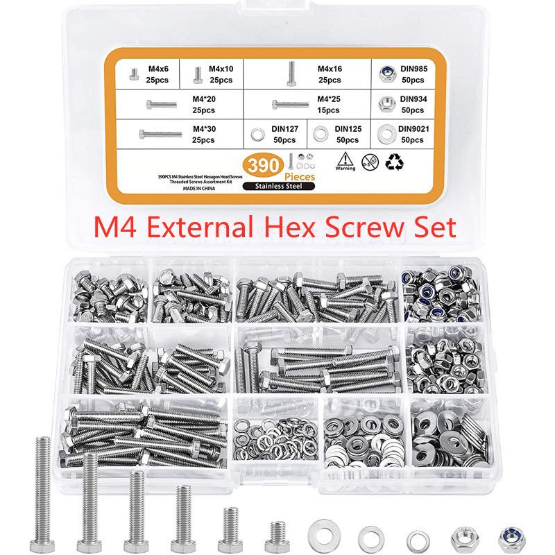 390PCS External Hex Screw Assortment Kit M4 Bolt for Bicycle Stainless ...