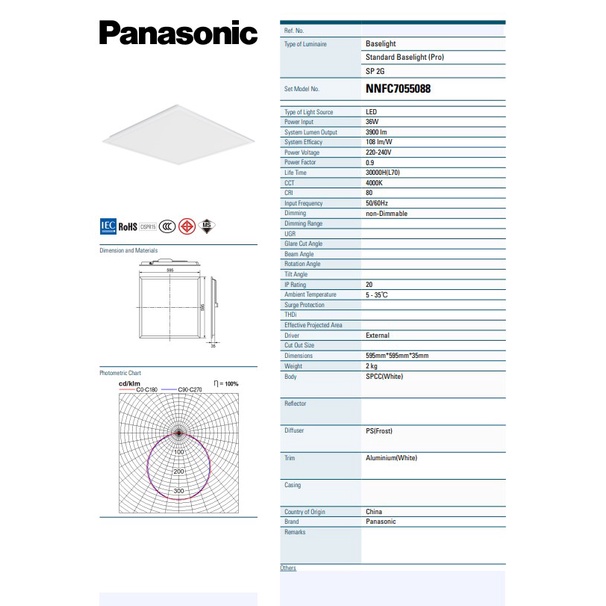 PANASONIC โคมไฟ พานาโซนิค LED Panel Light T-BAR ขนาด 60X60 cm. 36W ...