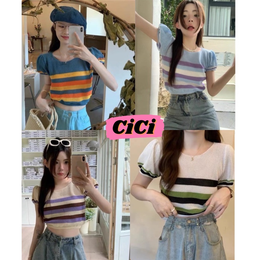 Cici(NO.83115)เสื้อครอปไหมพรมแขนสั้นลายทาง แขนจั๊ม ลุคคิ้วท์แมทช์กับอะไรก็คิ้วท์ | Shopee Thailand