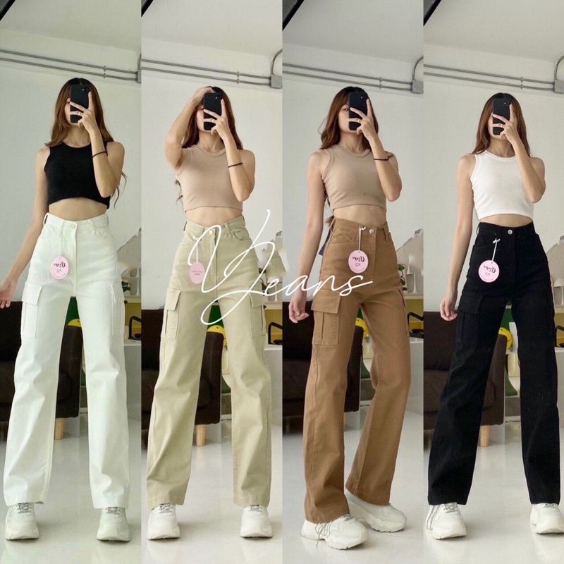 V-JEANSป้ายCHUทรงCargo กางเกงยีนส์เอวสูง ยีนส์ กางเกงยีนส์ทรงกระบอก กางเกงทรงคาร์โก้ Cargo ...
