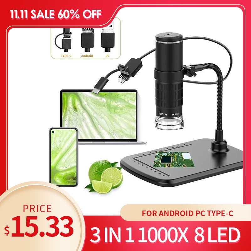1000X 3 in 1 USB Digital Microscope Type-C Electronic Microscope Camera ...