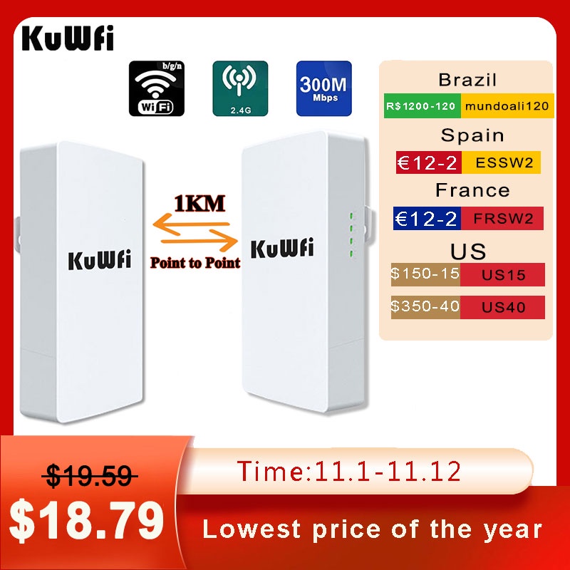 KuWFi Outdoor WI FI Router Wireless 2.4G Wifi Repeater 300Mbps Point to ...
