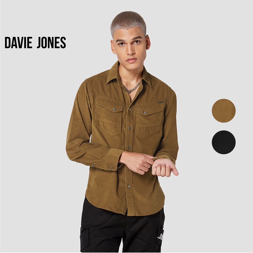 DAVIE JONES เสื้อเชิ้ตยีนส์ ผู้ชาย แขนยาว สีกรม Long Sleeve Shirt in ...