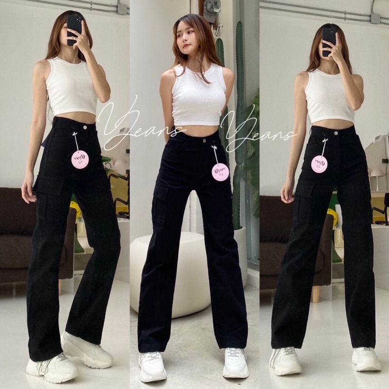 V-JEANSป้ายCHUทรงCargo กางเกงยีนส์เอวสูง ยีนส์ กางเกงยีนส์ทรงกระบอก กางเกงทรงคาร์โก้ Cargo ...