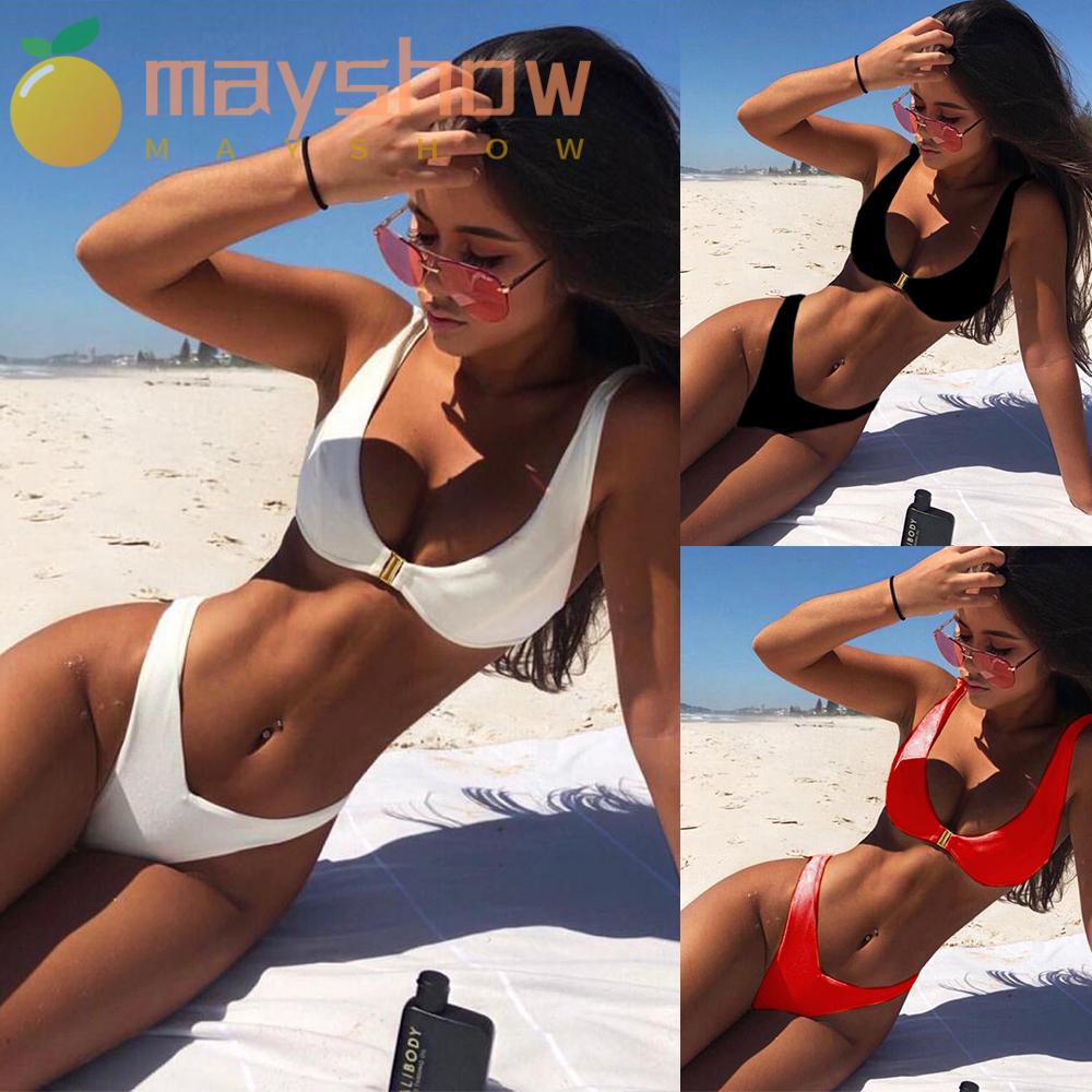 Mayshow ชุดว่ายน้ําบิกินี่ คอวี เอวต่ํา สีพื้น สไตล์บราซิล หลากสี