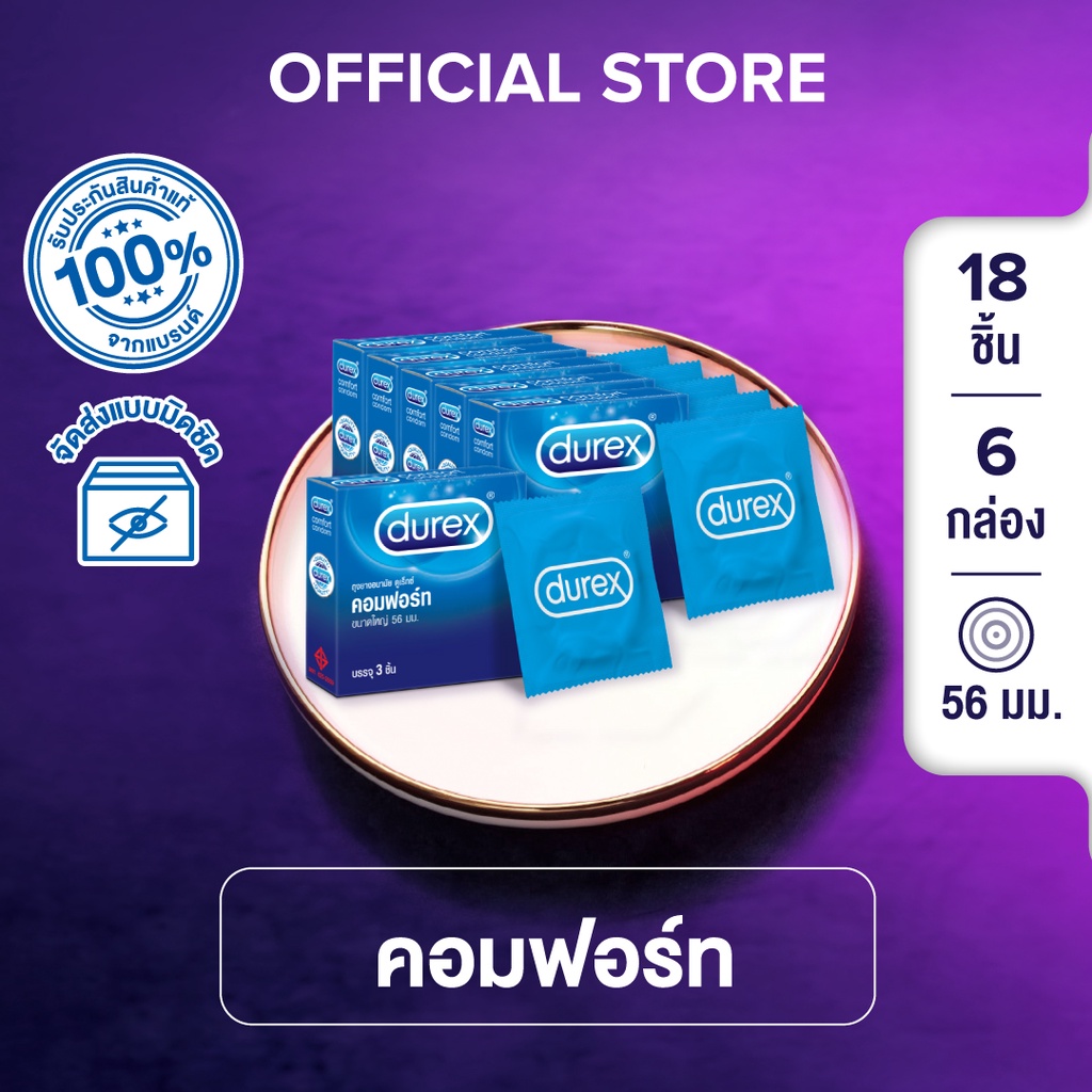 Durex ดูเร็กซ์ คอมฟอร์ท ถุงยางอนามัยผิวเรียบ ผนังไม่ขนาน ถุงยางขนาด 56 ...