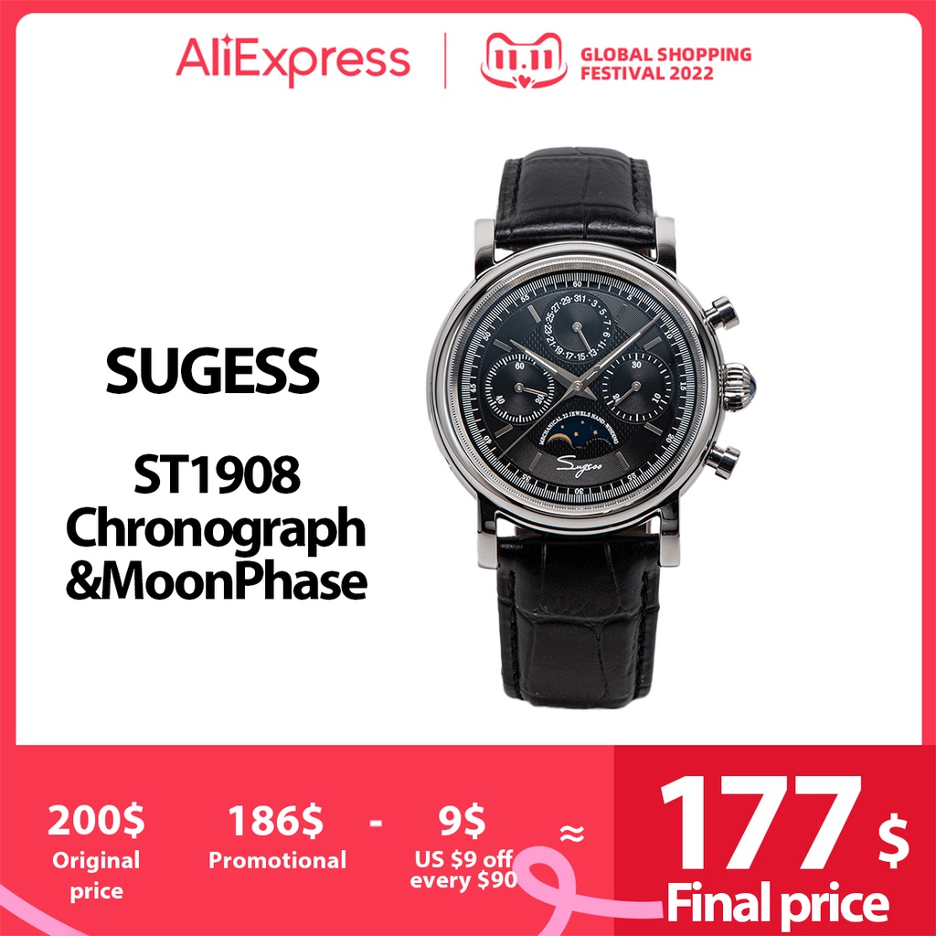 Sugess ST1908 Chronograph Mechanical Wristwatches Seagull Moonphase ...