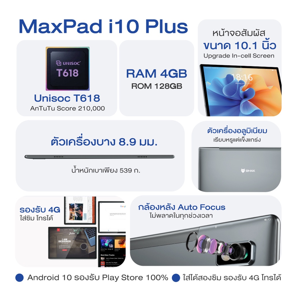 BMAX I10 Plus แท็บเล็ตขนาดจอ 10.1 นิ้ว 4128GB ทัชกรีนลื่น เล่นเกมส์ เล่นออนไลน์ได้ เครื่องรองรับ ...