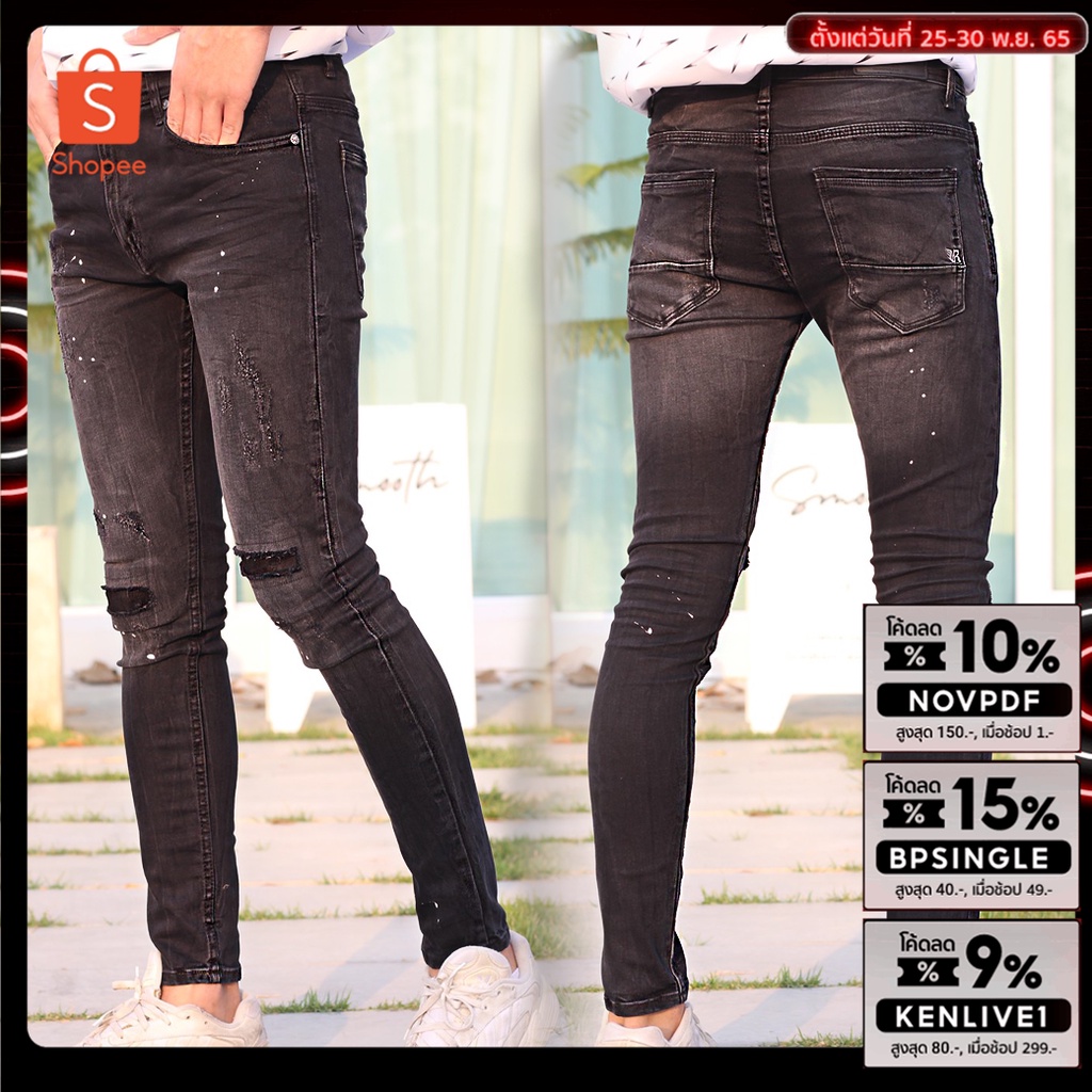 ใส่โค้ด BPSINGLE ลด15 RAGA-R106 กางเกงยีนส์(ผ้าซุปเปอร์แบล็คยืด)ฟอกแนวร๊อคสตาร์สุดพรีเมียม ขาด ...