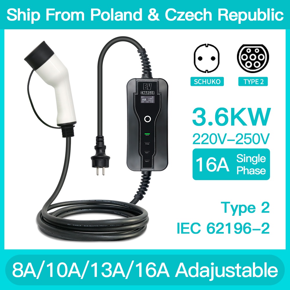 Adjustable 16A EV Portable Evse Charger EU Schuko Plug to Type 2 Mennekes Charging Box EVSE 3 ...