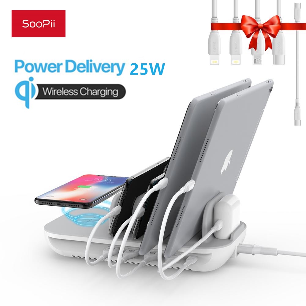 BSooPii 70W 5-Port Charging Station with 15W Wireless Charger Pad USB-C ...