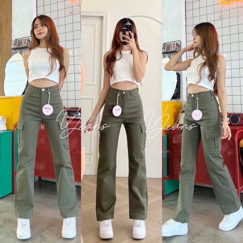 V-JEANSป้ายCHUทรงCargo กางเกงยีนส์เอวสูง ยีนส์ กางเกงยีนส์ทรงกระบอก กางเกงทรงคาร์โก้ Cargo ...