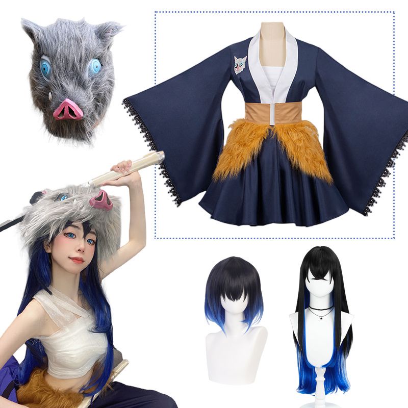 New Demon Slayer Hashibira Inosuke Cosplay Costume Dress Long Wig Maid ...