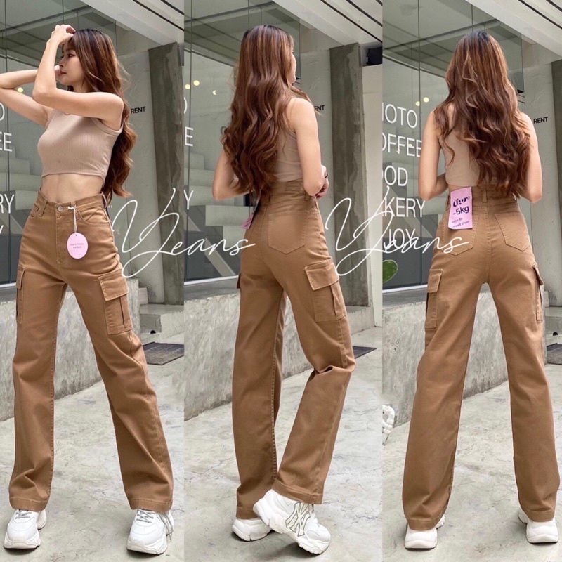 V-JEANSป้ายCHUทรงCargo กางเกงยีนส์เอวสูง ยีนส์ กางเกงยีนส์ทรงกระบอก กางเกงทรงคาร์โก้ Cargo ...