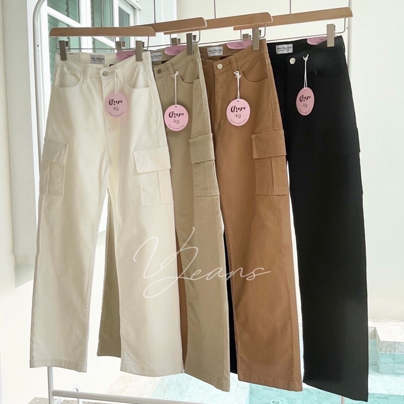 V-JEANSป้ายCHUทรงCargo กางเกงยีนส์เอวสูง ยีนส์ กางเกงยีนส์ทรงกระบอก กางเกงทรงคาร์โก้ Cargo ...