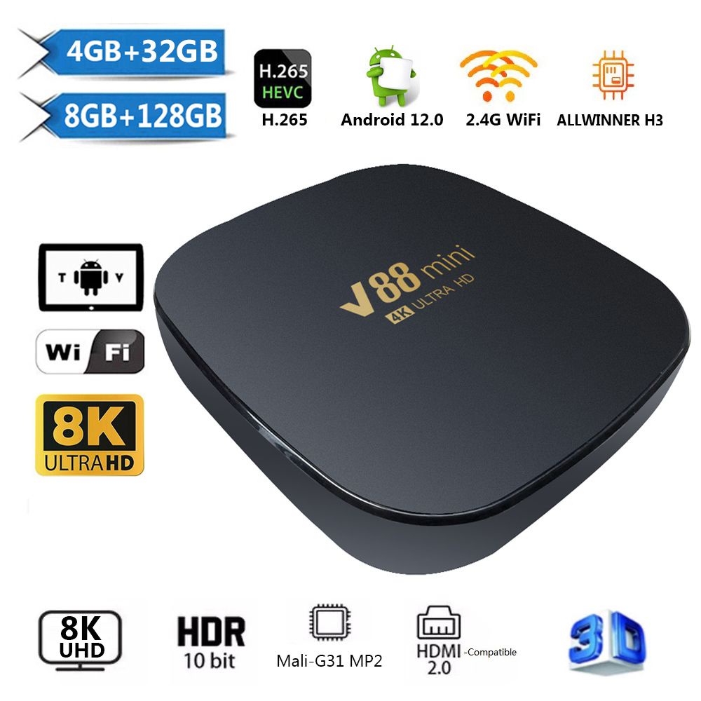 V88 Mini Smart 8GB+128GB 2.4G WIFI 8K H.265 TV Box Set Top Box Android 12 Allwinner H3 Quad Core ...