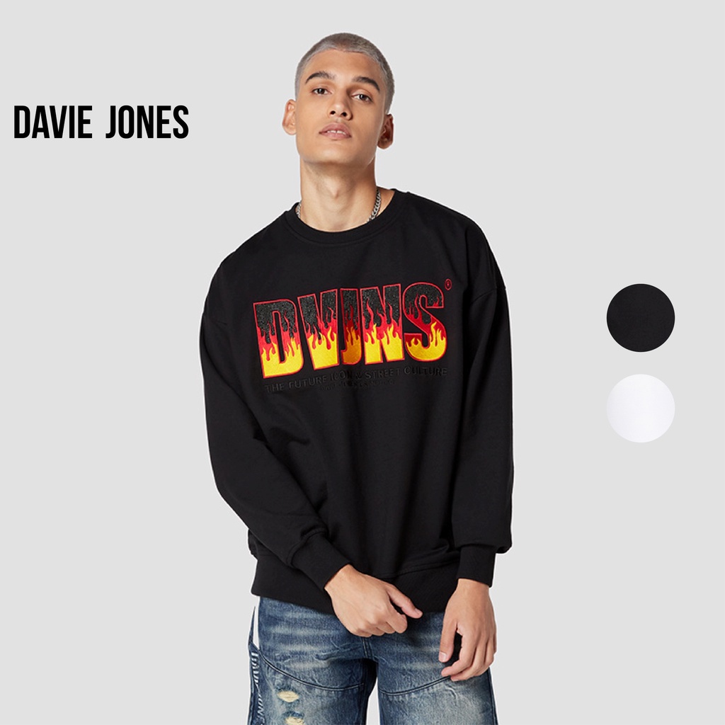 DAVIE JONES เสื้อสเวตเตอร์ โอเวอร์ไซส์ ปักโลโก้ รีดสตัท สีดำ สีขาว ...