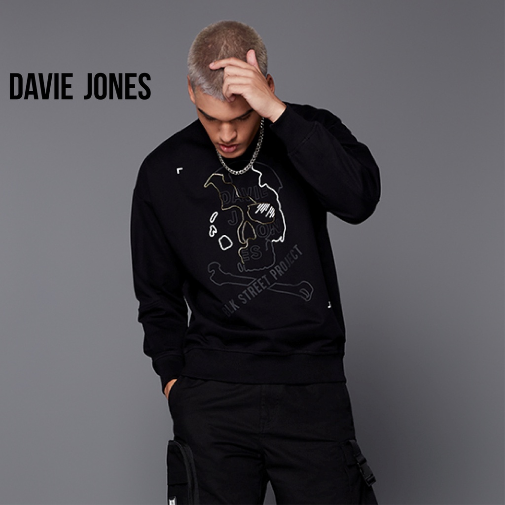 DAVIE JONES เสื้อสเวตเตอร์ โอเวอร์ไซส์ พิมพ์ลาย สีดำ Graphic Print ...
