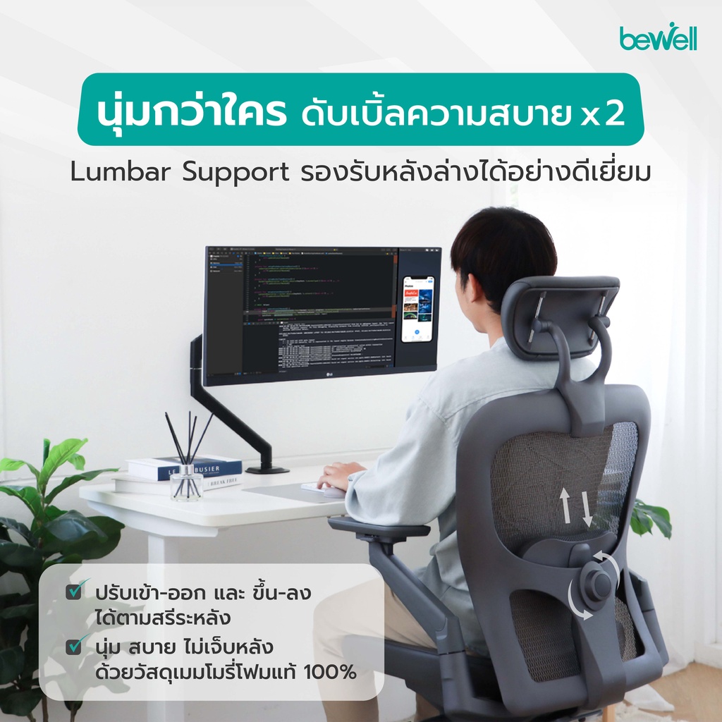 ใส่โค้ดรับเงินคืน 1000 coins Bewell เก้าอี้เพื่อสุขภาพพรีเมียมรุ่น Enclose เก้าอี้ทำงาน เบาะนุ่ม ...