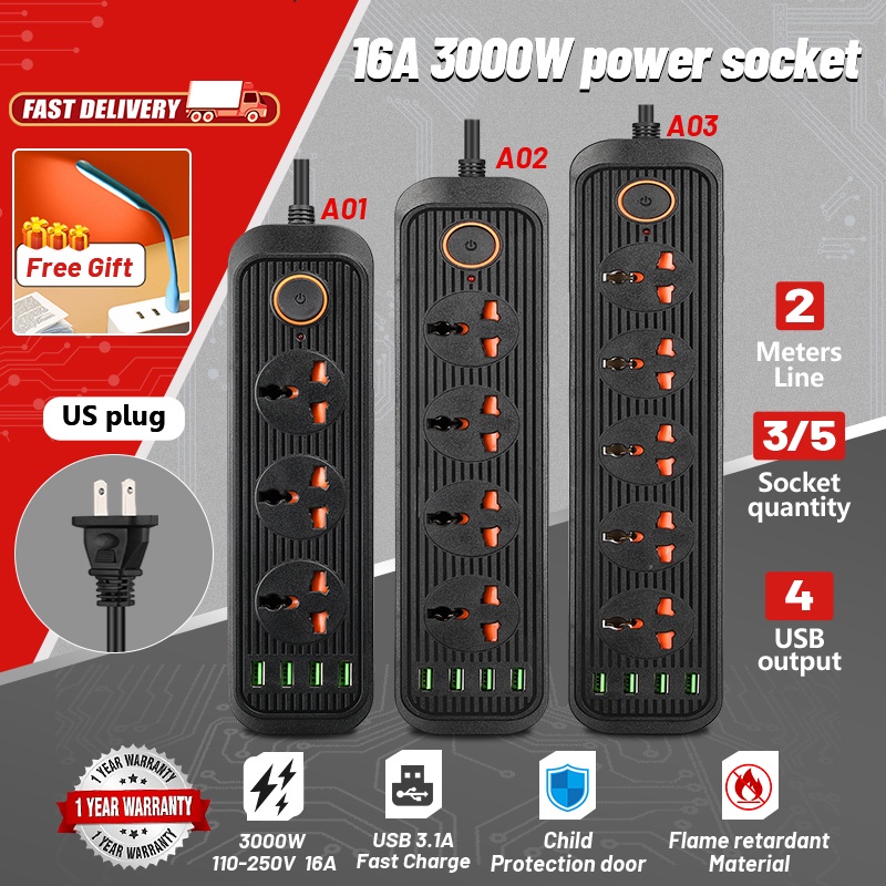 [buy 1 take 1 gift] TB-T14 US Plug 2500W Power Strip 3 Universal ...