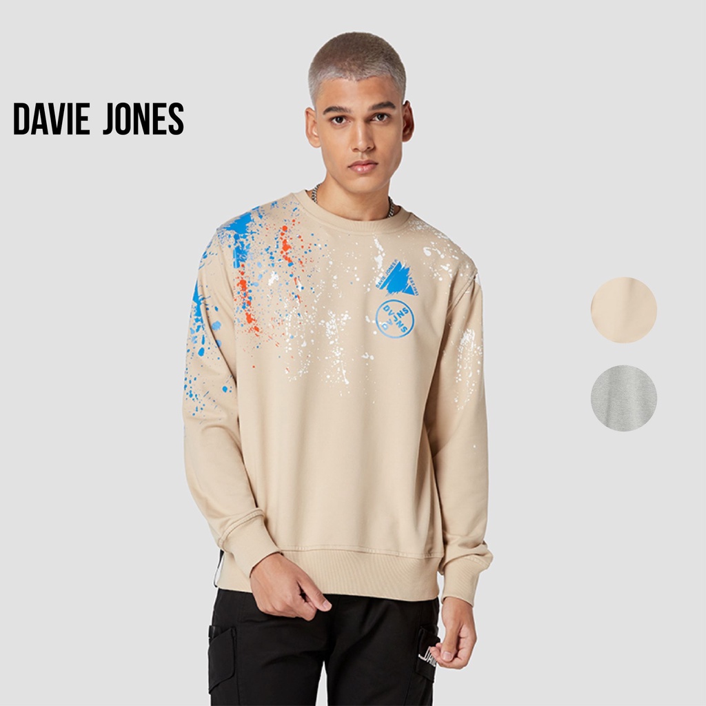 DAVIE JONES เสื้อสเวตเตอร์ ทรง Regular Fit พิมพ์ลาย สีครีม สีเทา ...