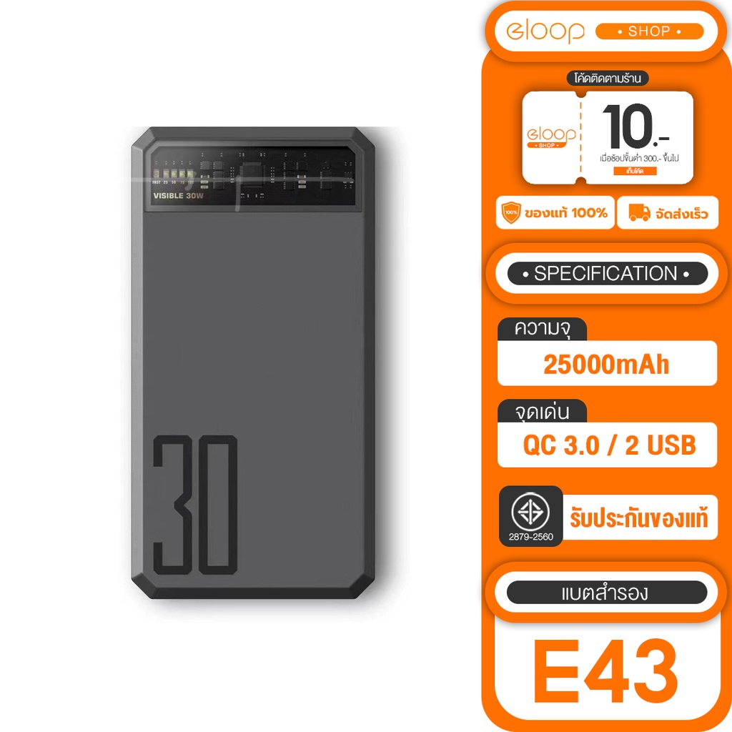 เก็บโค้ด ลดเพิ่ม Eloop E43 แบตสำรอง 25000mAh รุ่นใหม่ QC 3.0 PD 30W Max PowerBank Type C Output ...