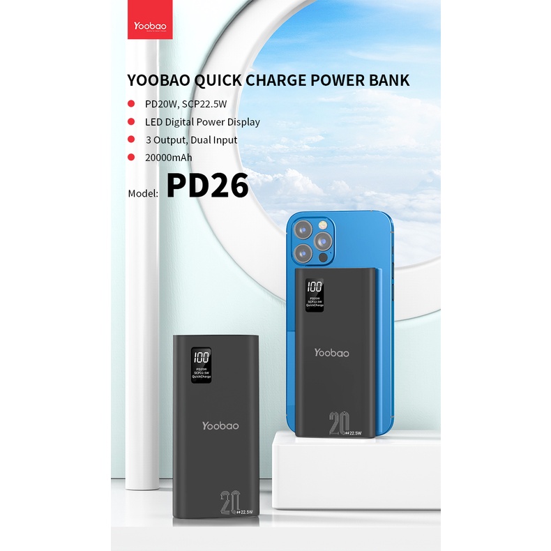 Yoobao PD26 Powerbank ความจุ 20000mAh Fast ChargeQCPD20W สีดำ - yoobao_officialshop - ThaiPick