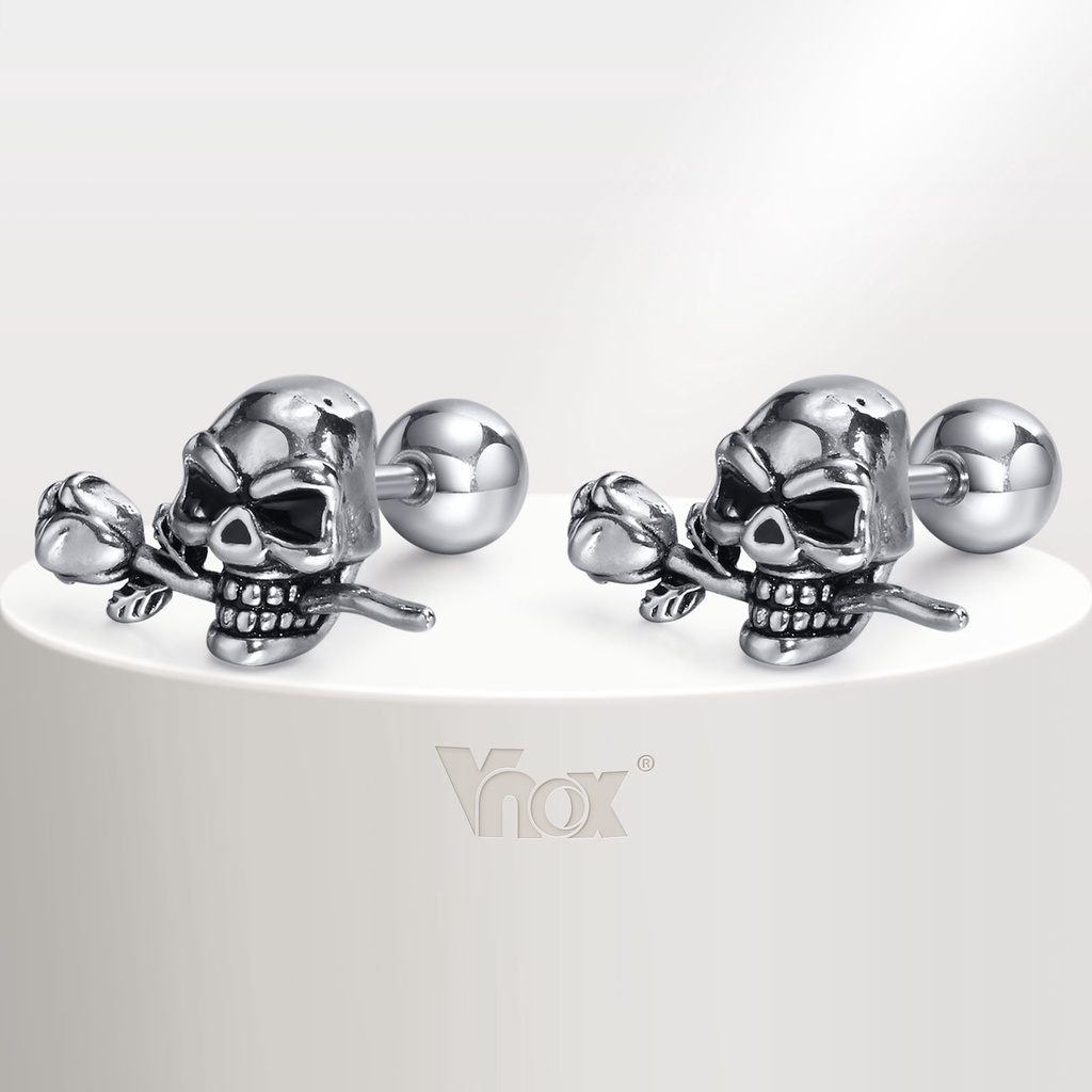 Vnox ต่างหูสตั๊ด รูปกะโหลกศีรษะ ดอกกุหลาบ เครื่องประดับ สไตล์พังก์ร็อค ...
