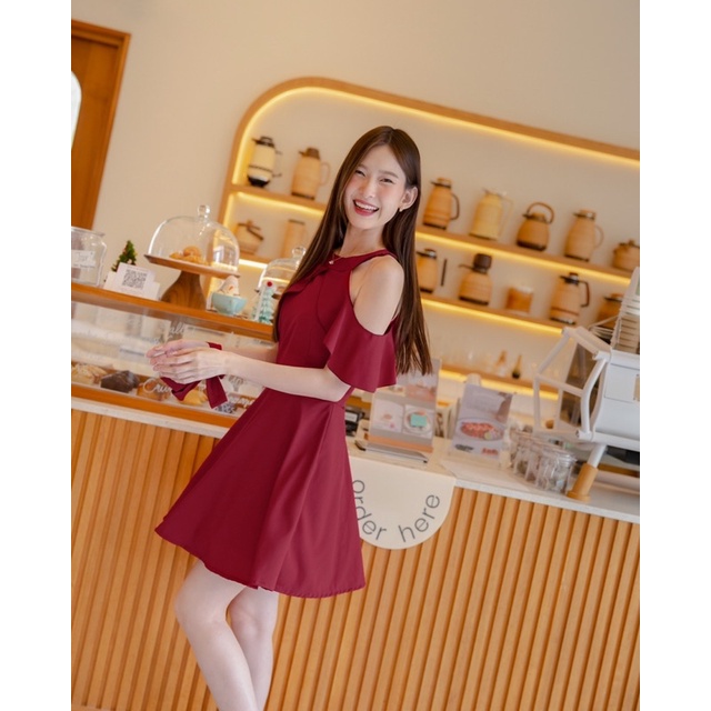 New Red LABELL รุ่น Betty dress เดรสสั้น ชีฟอง โชว์ไหล่ - labelle ...
