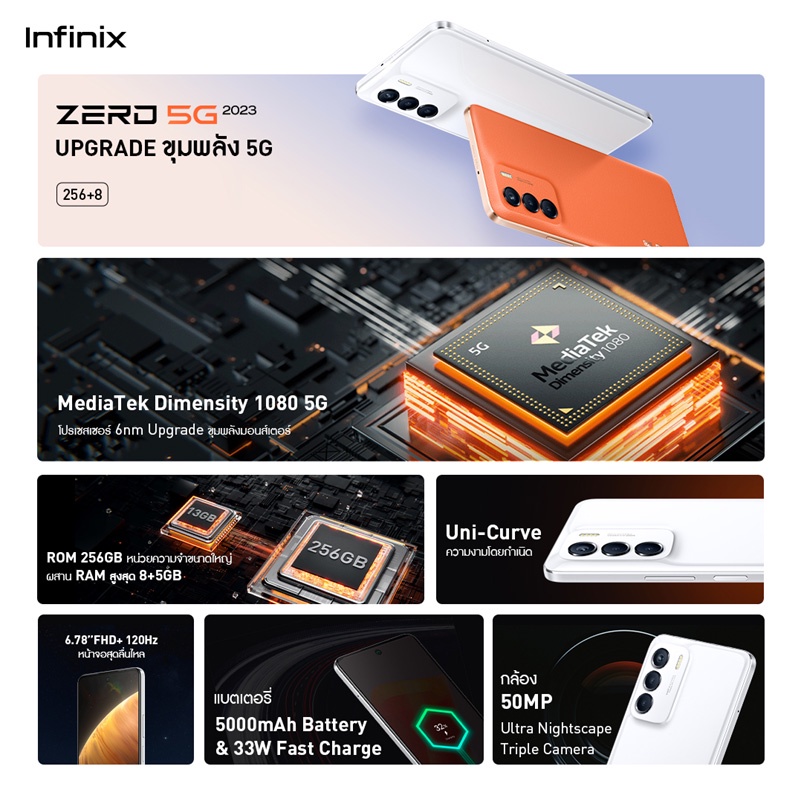 Infinix ZERO 5G 2023 8256GB Dimensity 1080 5G จอ 6.78 FHD120Hz กล้อง 50MP แบต 5000mAh (ชาร์จเร็ว ...