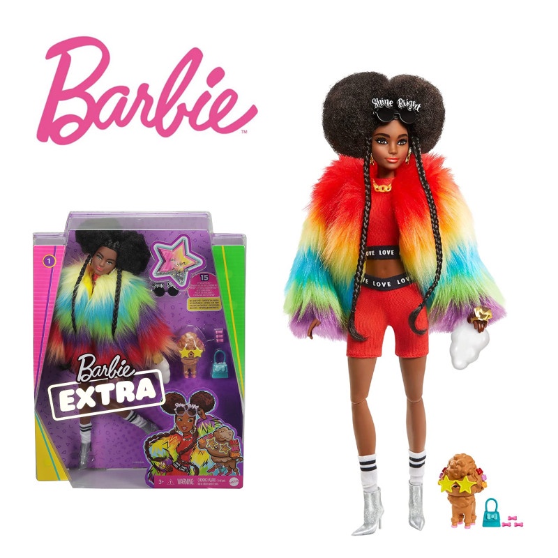 Barbie Extra Doll #1 In Furry Rainbow Coat Pet Poodle Brunette Afro ...