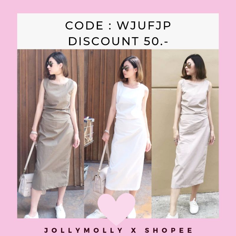 (โค้ด WJUFJP ลดทันที 50.-)Jolly Molly Midi Dress ยาวคลุมเข่าหลังรูด ...