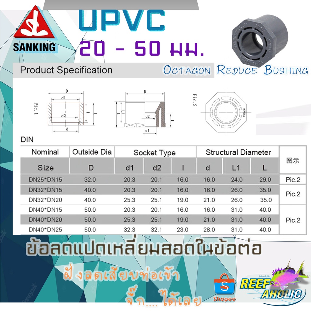 Sanking Octagon Reduce Bushing ข้อลดสอดในข้อต่อ ออกลดสวมท่อ 20 - 50 mm ...