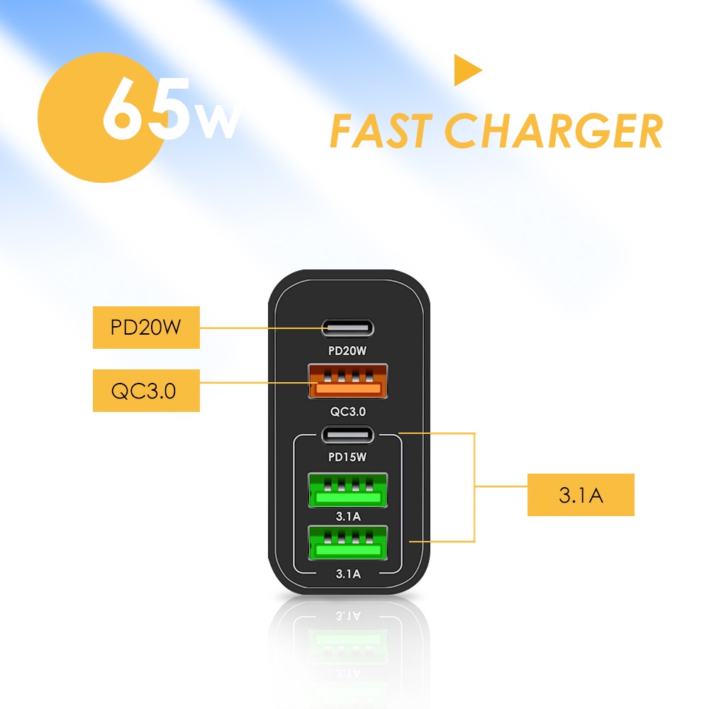 5 พอร์ต อะแดปเตอร์ชาร์จเร็ว 65W USB QC3.0 PD 3.1A USB Type C - kota.acc ...