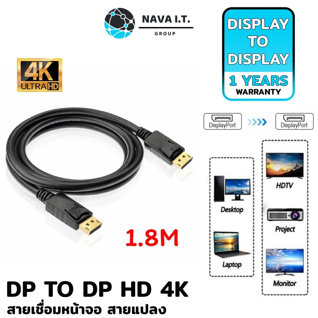 โค้ดลด300 LSXY5MTT (345) NAVA IT สาย DISPLAY PORT TO DISPLAY PORT HD 4K 1.8 เมตร Cable ประกัน 1 ...