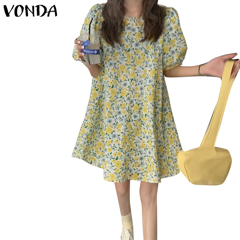 Vonda ชุดเดรส คอกลม แขนพัฟ พิมพ์ลายดอกไม้ สไตล์เกาหลี สําหรับผู้หญิง ...